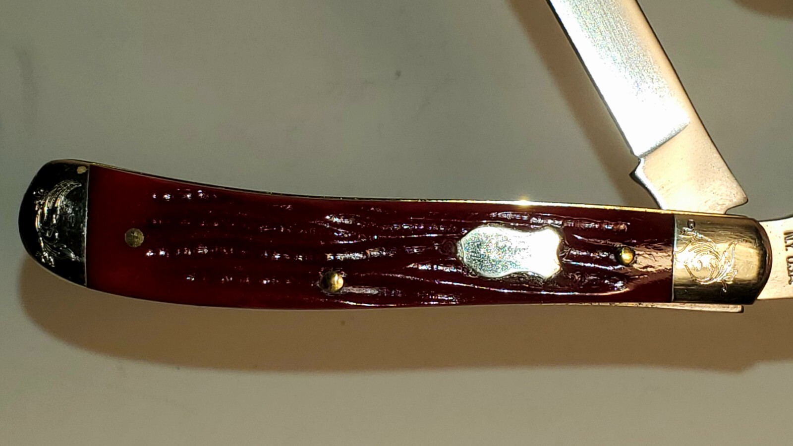 Vtg Schrade Walden 1194R Knife USA Collectors Trapper Red Bone Handles ...