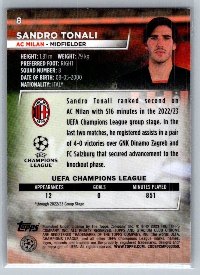 2023 Topps UEFA Stadium Club Chrome #8 Sandro Tonali AC Milan Card | eBay