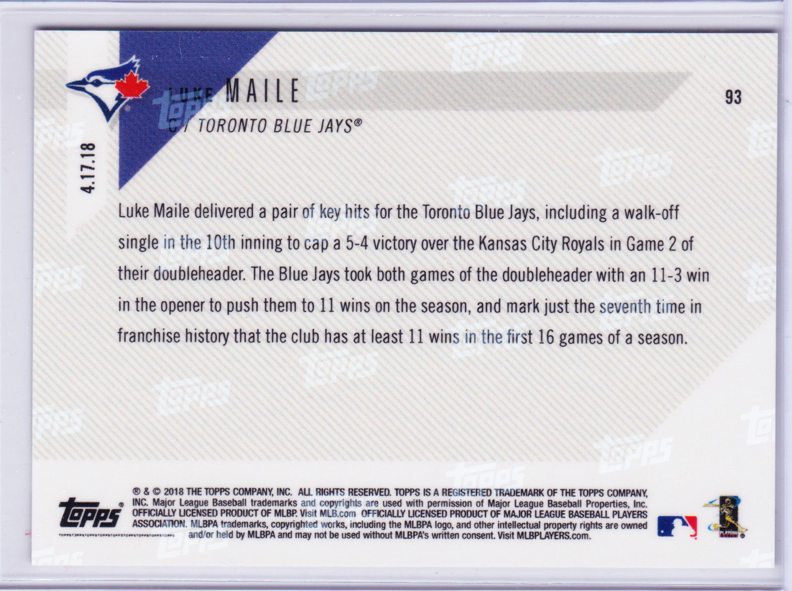 Luke Maile Blue Jays Walk Off Royals Topps NOW Moment 93 on 4-17-2018 ...