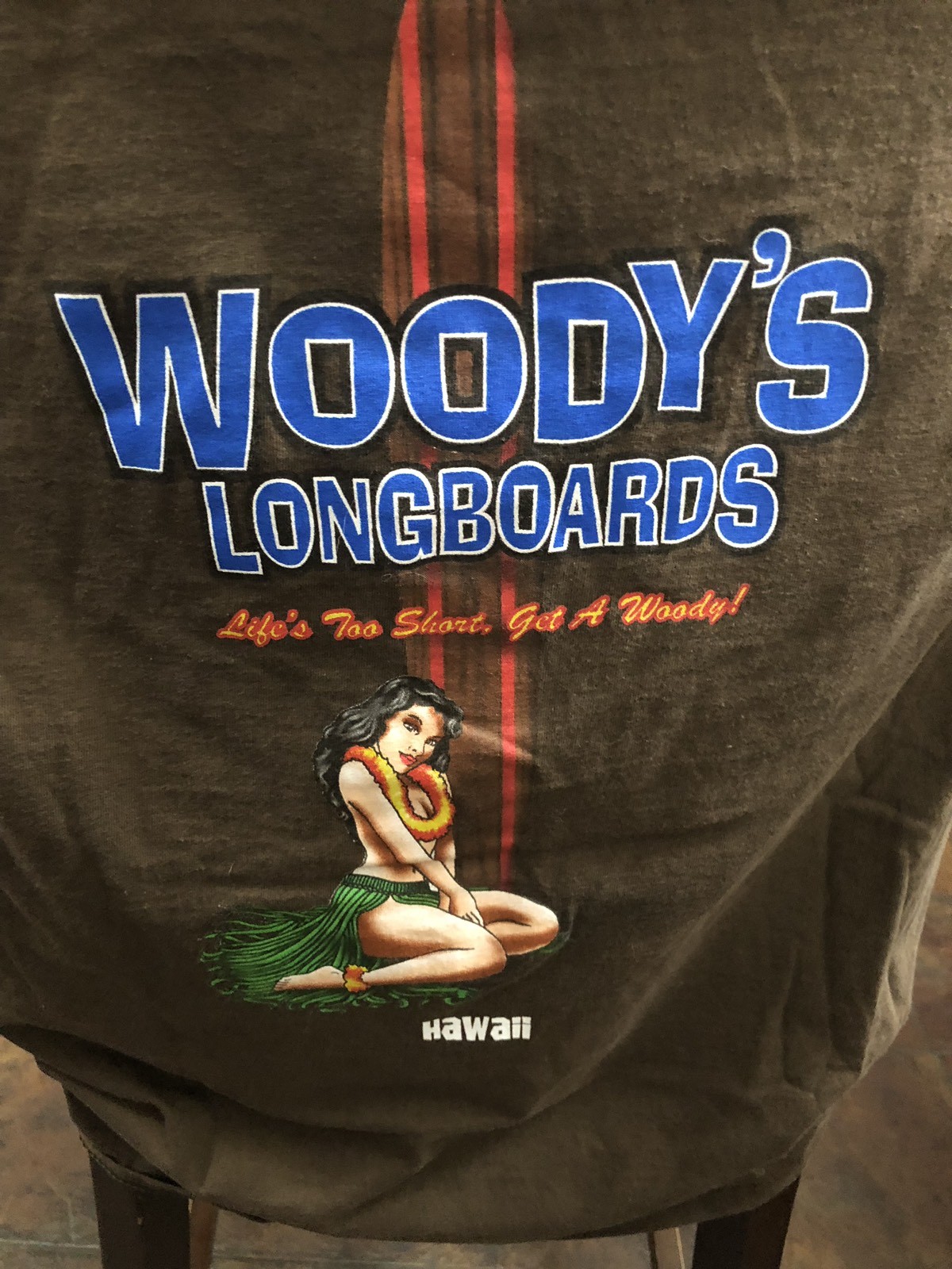 WOODY'S LONGBOARDS HAWAII HULA GIRL SURFING BLACK SURF BOARD T-SHIRT ...