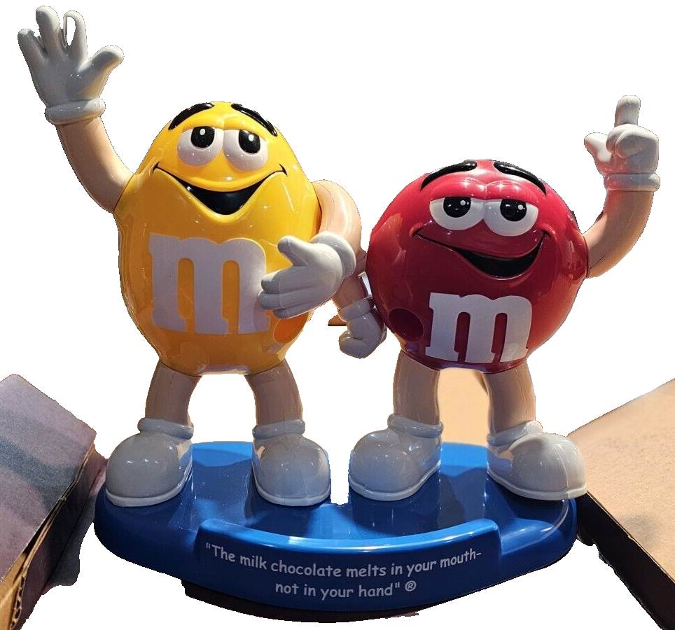 M&Ms M & M Candy DISPENSER YELLOW & RED Duo WAVING~Melts in your mouth ...
