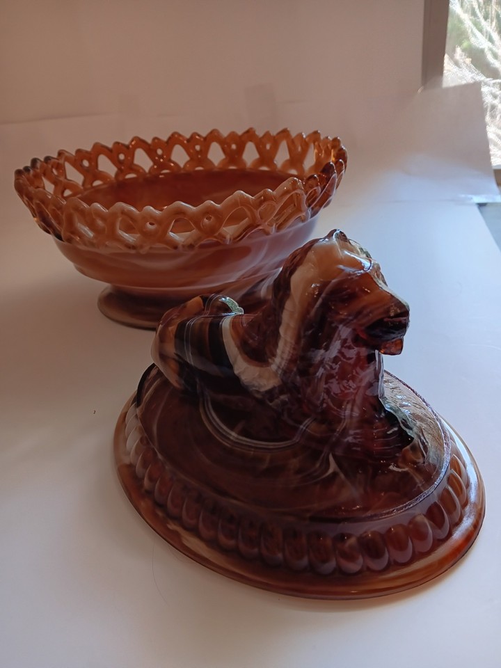 Vtg Imperial Slag Glass Lion On A Nest Caramel Swirl Lattice Rim Candy ...