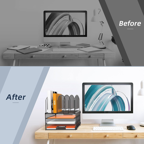Paper Desk Organizer, 3-Tier Letter Tray with 5 Vertical File Holders ...