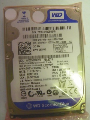 Western Digital WD2500BEVT-75A23T0 DP/N 080PK5 Laptop 250GB 2.5" SATA ...