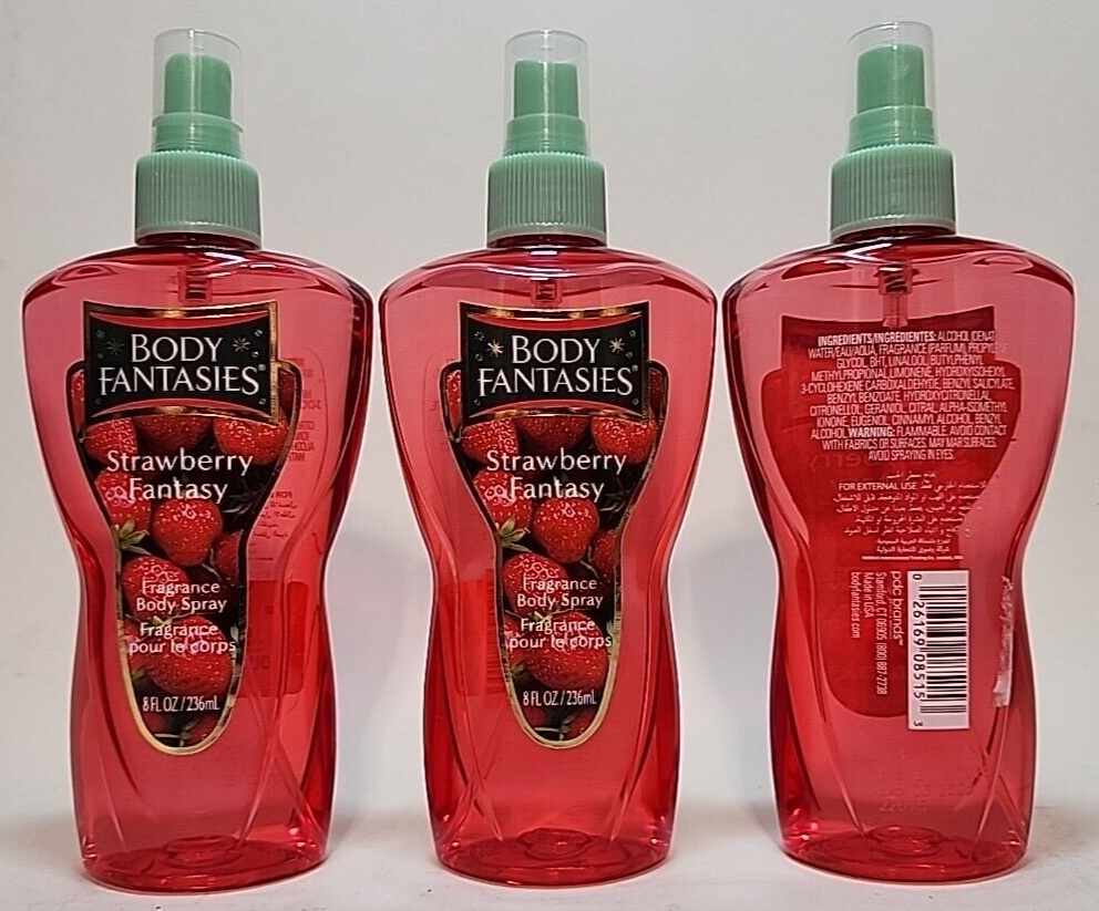 (3) Body Fantasies STRAWBERRY FANTASY Body Spray Mist Perfume BIG 8 oz ...