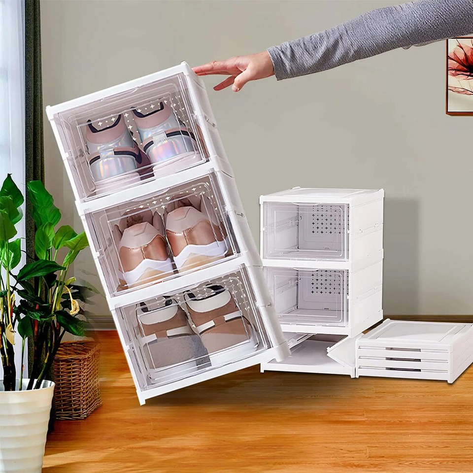 Folding Shoe Storage Box Rack Stacking Cabinet Footwear Dustproof DIY ...