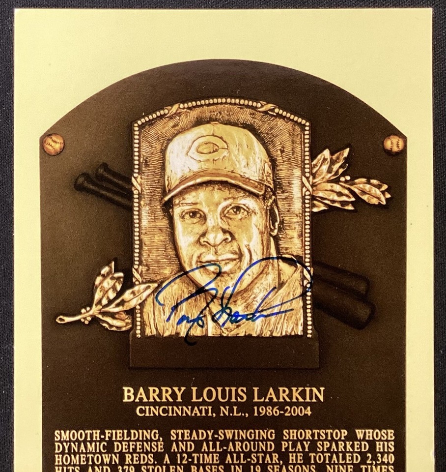 Barry Larkin Signed Gold HOF Plaque Postcard Yellow Cinci Reds MVP ...