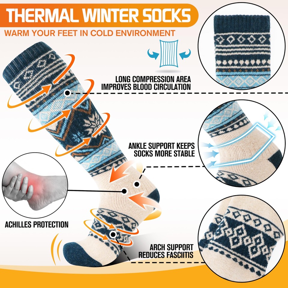 Merino Wool Ski Socks for Womens Mens Thermal Winter Warm Thick Knee ...