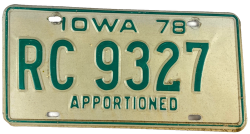 Vintage Iowa 1978 Apportioned License Plate RC 9327 Man Cave Garage ...