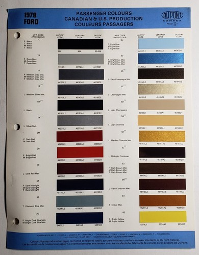 1978 Ford Passenger Car DuPont Color Chips Chart Paint Codes Canada ...
