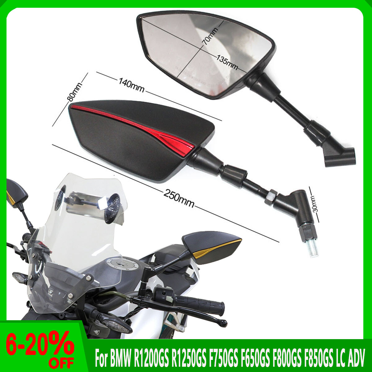 Motorcycle Rearview Rear Mirrors Universal 10mm For BMW R1200GS R1250GS ...