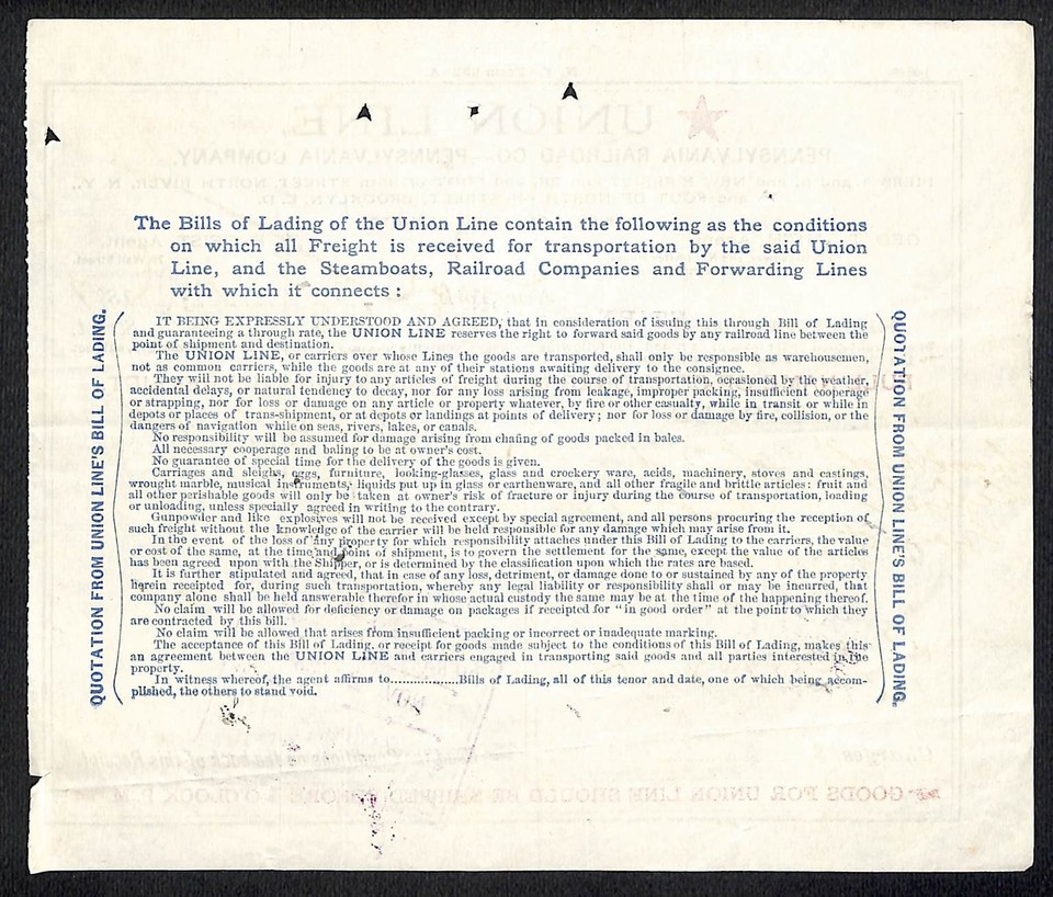 Union Line Pennsylvania RR 1889 Freight Receipt Greenhood & Bohm* Two ...