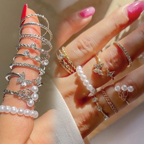 1Set Korean Style Butterfly Pearl Rings Set Pearl Rhinestone Finger ...