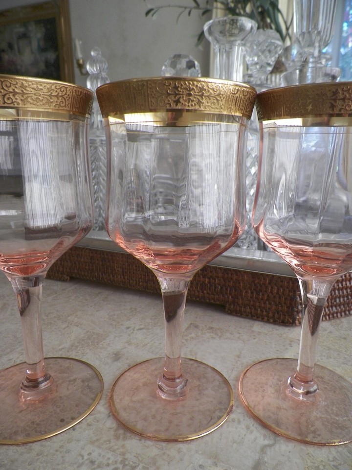 Vintage Tiffin Glass Valencia Pink Gold Etched Water Wine Goblets Stem ...
