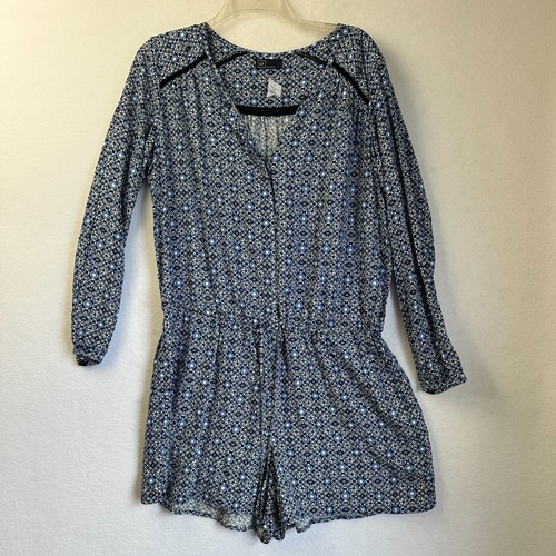 Gap Romper women L one piece long sleeve Blue & White geometric ...