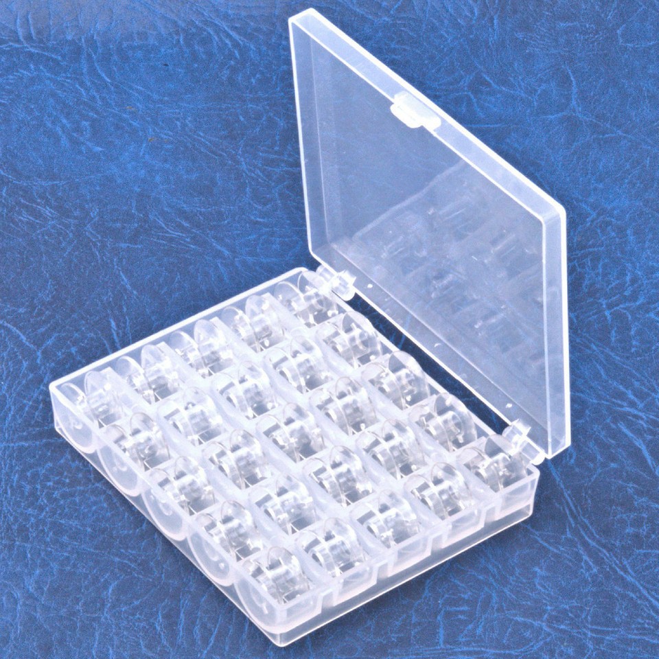 25 Spools + Empty Bobbins Case Organiser Sewing Machine Bobbin Clear ...