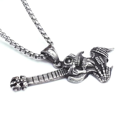 Men Gothic Rock Silver Skull Bass Guitar Pendant Necklace Punk Jewelry ...