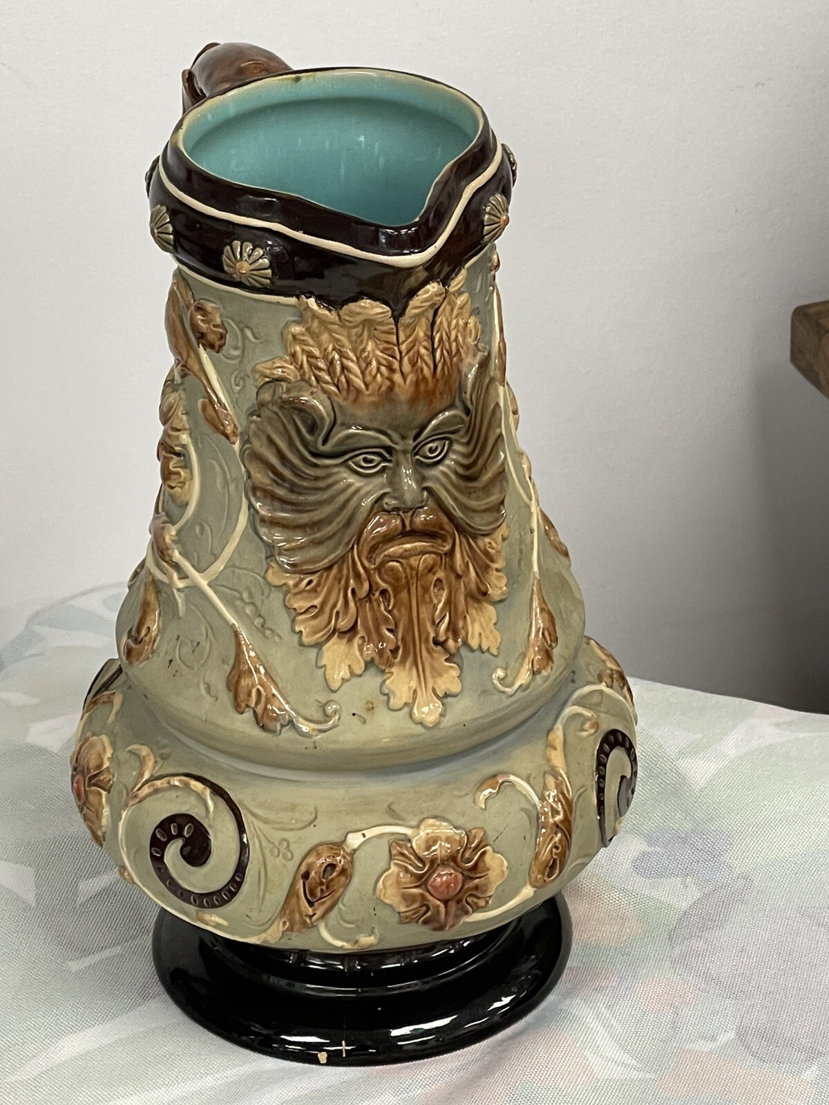 ANTIQUE WILHELM SCHILLER MAJOLICA VASE GOTHIC NEPTUNE POSEIDON HANDLED ...