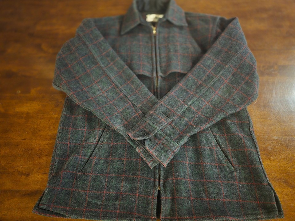 L.L. Bean mackinaw wool jacket dark grey with red / green checking ...