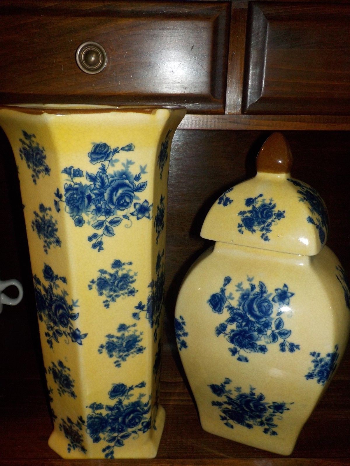 2 vintage formalities baun bros yellow & blue flowered vases crackle ...