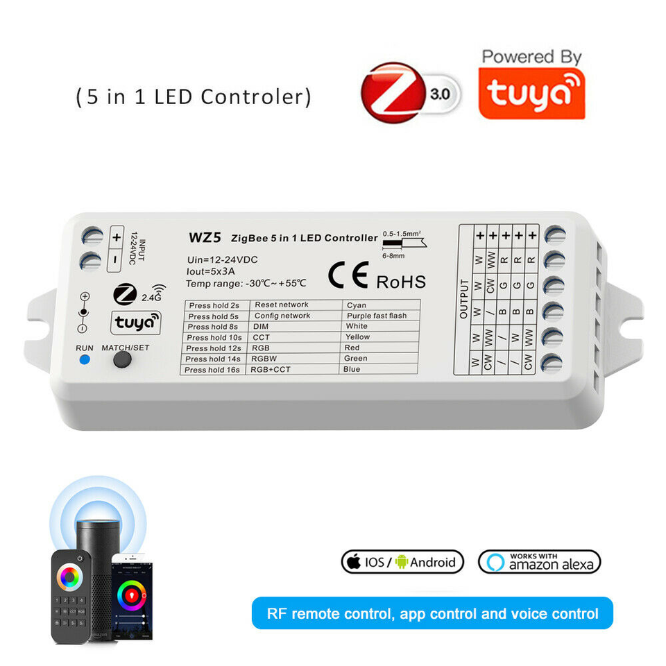 5in1 Tuya WiFi Bluetooth Zigbee Led Controller 12V 24V f DIM CCT RGB ...