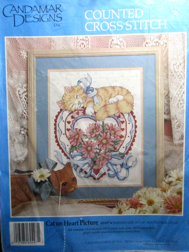 Candamar Designs Counted Cross Stitch 11 X 14" Kit Cat on Heart 1992 | eBay