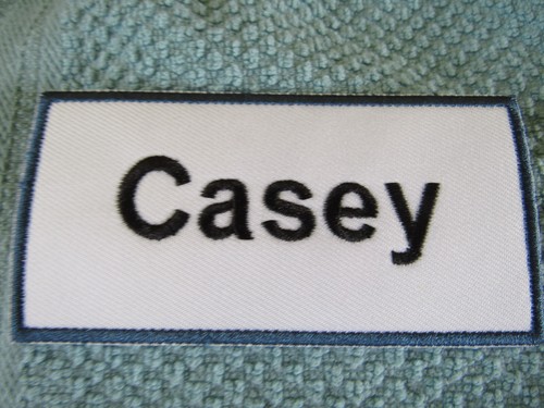 Casey cloth name plate label patch 2"x4" White w/black letters & Blue ...