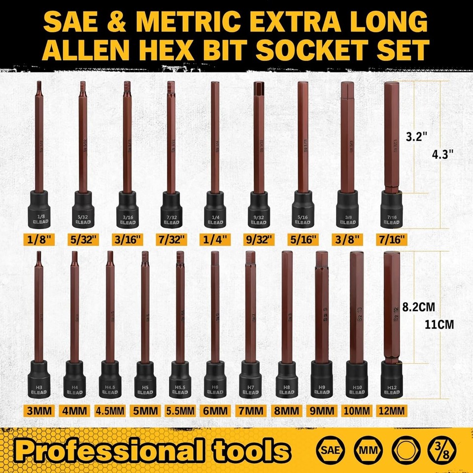 Extra-Long Allen Hex Bit Socket Set: 20-Piece 3/8 Inch Drive, S2 Steel ...