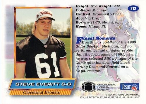 1994 Topps Finest Football Steve Everitt Rookie Card #212 NM/MT ...