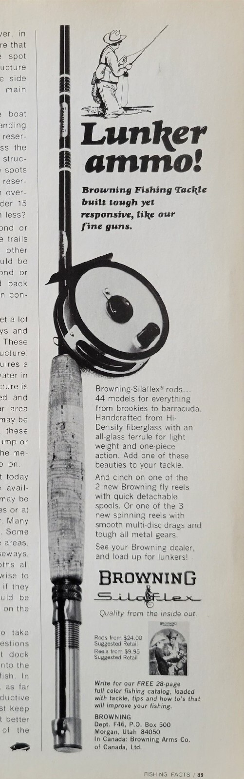 1973 VINTAGE PRINT AD - BROWNING SILAFLEX RODS LUNKER AMMO FISHING AD ...