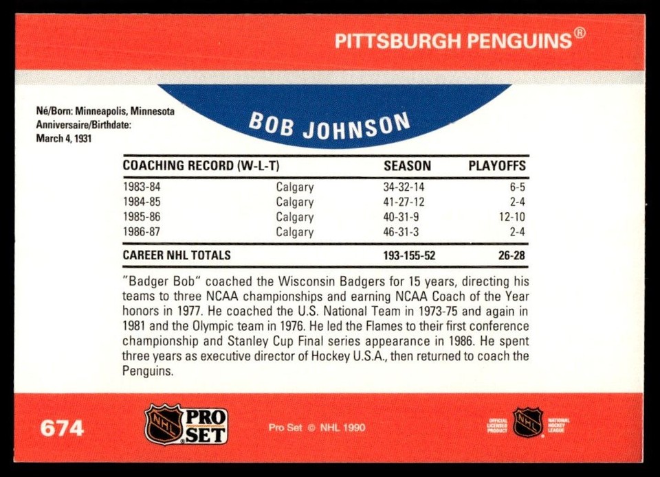 1990-91 Pro Set Bob Johnson Rookie Pittsburgh Penguins #674 | eBay