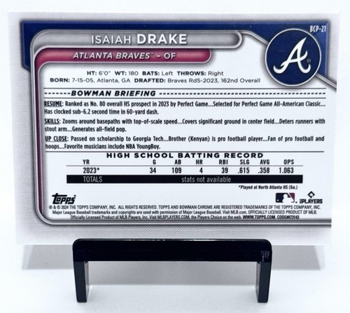 2024 Bowman Isaiah Drake Chrome 1st Bowman Prospect #BCP-21 Atlanta ...