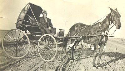 RPPC Horse Drawn Buggy Carriage Man Engineer Hat Farm Field Bordulac ND ...