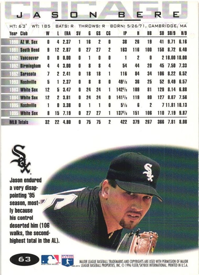 1996 Fleer - Tiffany #63 Jason Bere Chicago White Sox Silver Variant | eBay