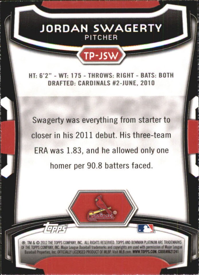 2012 Bowman Platinum Top Prospects #JSW Jordan Swagerty | eBay
