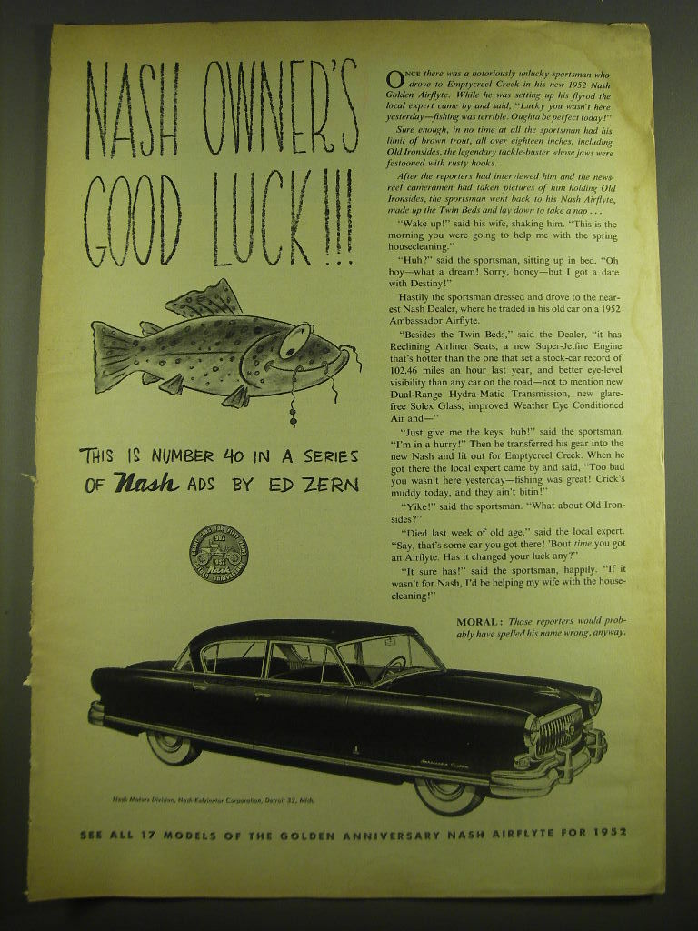 1952 Nash Ambassador Airflyte Car Ad - Nash owner's good luck This is ...