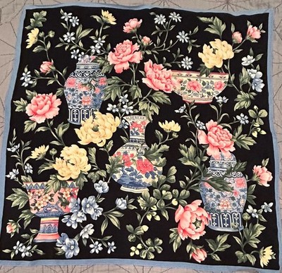 Vintage Talbots 100% Silk Black Floral Vase Square Scarf 26" Pottery ...