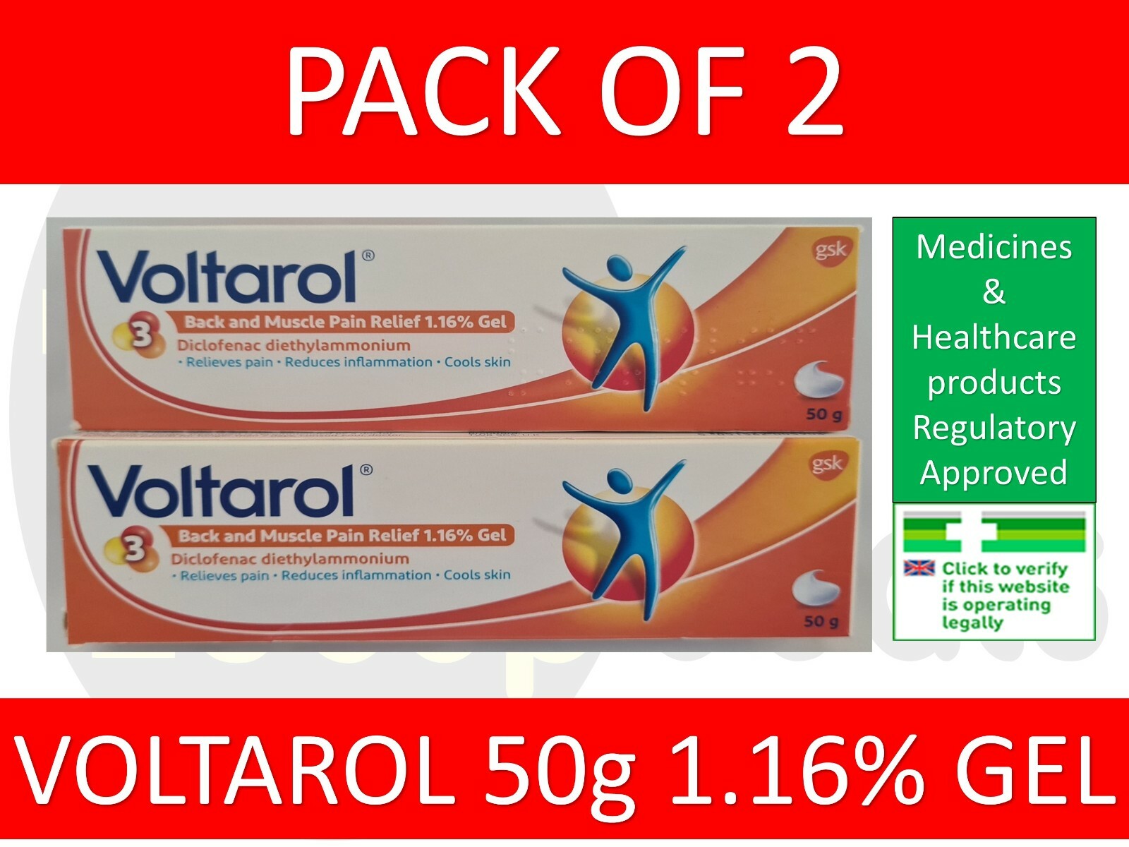 2 x Voltarol Pain-Eze Emulgel - 50G Back & Muscle Pain relief 1.16% Gel ...