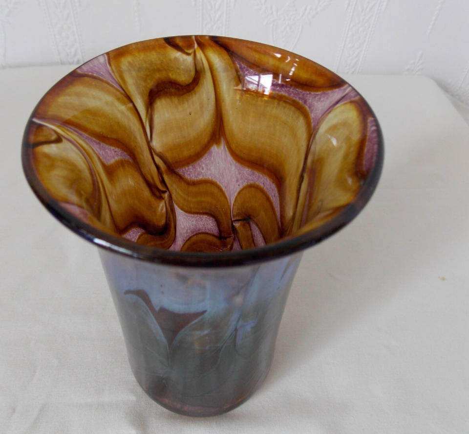 Vintage COWDY iridescent glass VASE studio art signed hand blown pontil ...