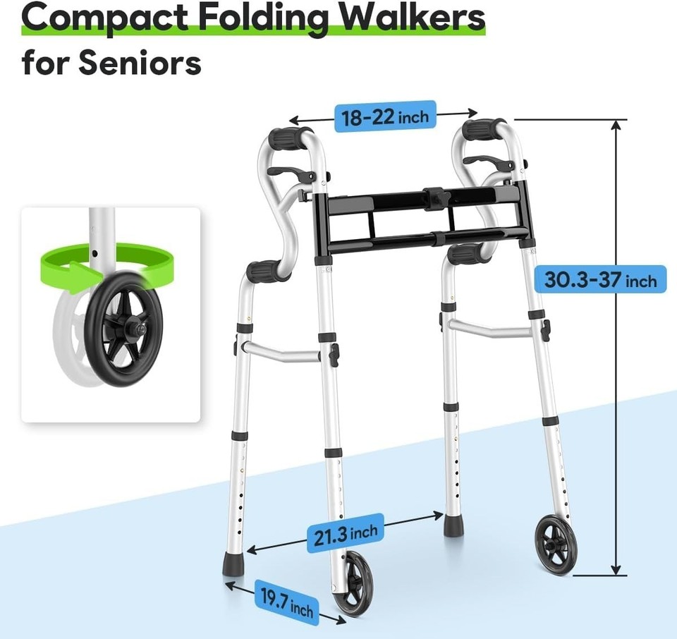 Narrow Folding Walker for Seniors, 3 in 1 Folding Walker with 5” Front ...