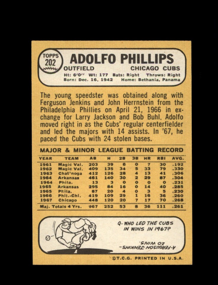 1968 ADOLFO PHILLIPS TOPPS #202 CUBS *0337 | eBay