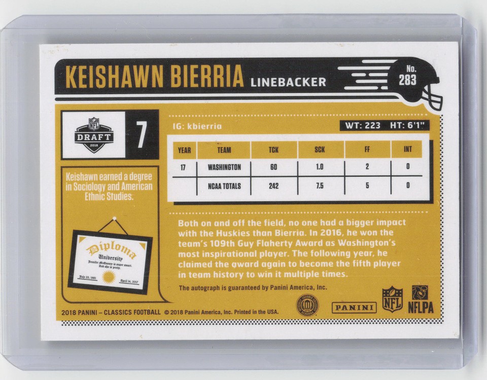 2018 Panini Classics #283 Keishawn Bierria Significant Signatures Gold ...