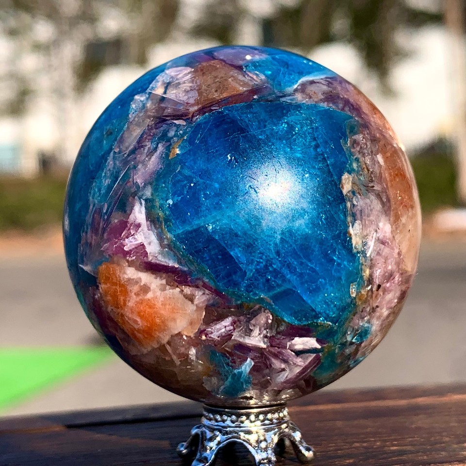 149G Natural Rare Blue Aptite+Sun Stone Sphere mineral sample energy ...