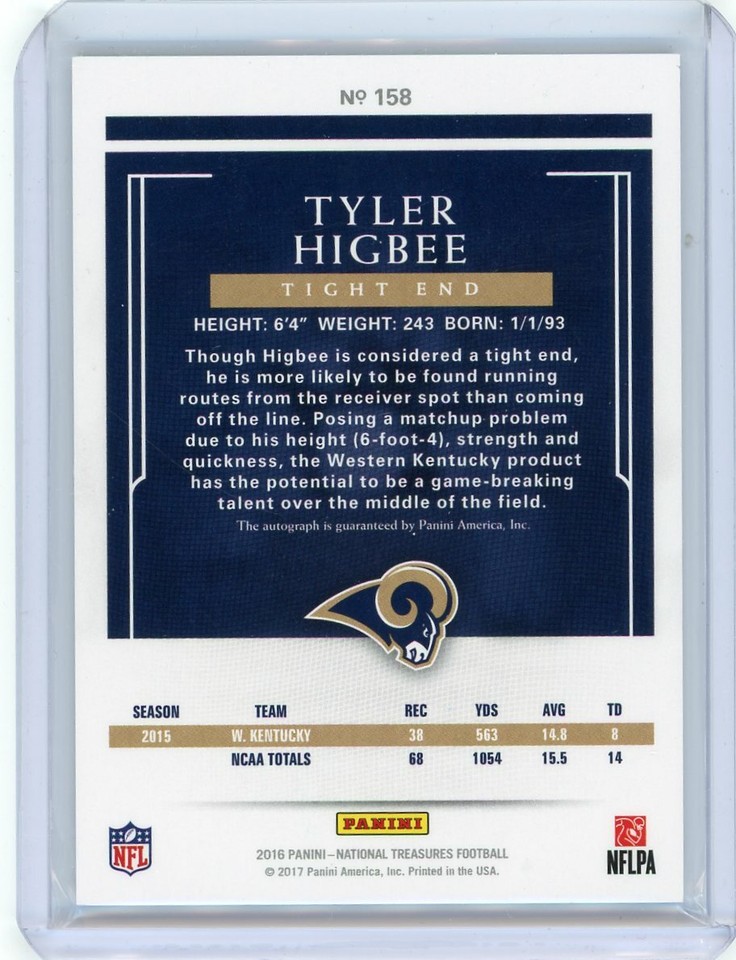 2017 Panini National Treasures Gold Rookie Autograph #158 Tyler Higbee ...