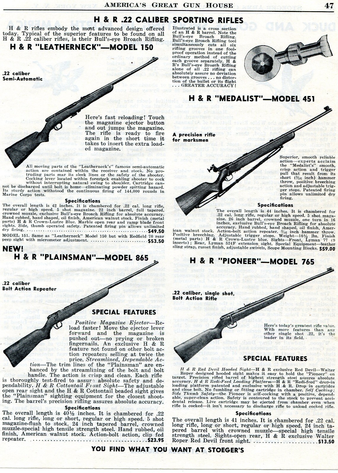 1950 Print Ad H&R Rifle 765 Pioneer 865 Plainsman 752 Leatherneck 150 ...