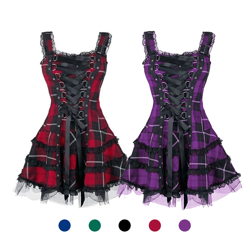 Women Gothic Vintage Plaid Dress Frill Lace Ruffle Gowns Short Dress ...