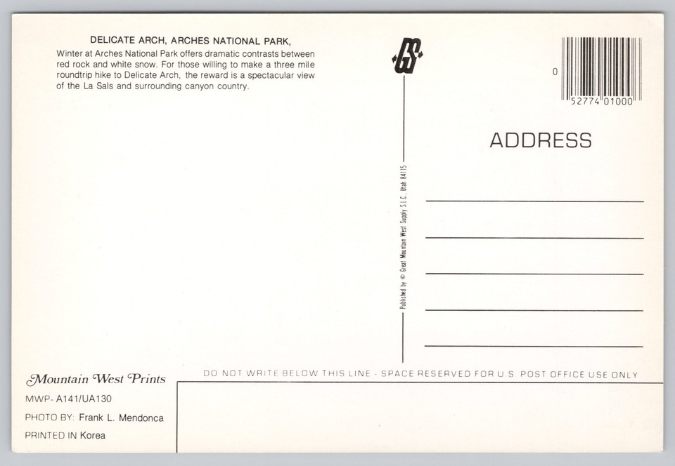 Delicate Arch, Arches National Park, Moab UT Utah Continental Postcard ...