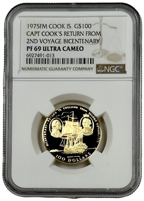 1975 FM Cook Islands $100 Gold Capt Cook's Return Bicentenary Coin NGC ...