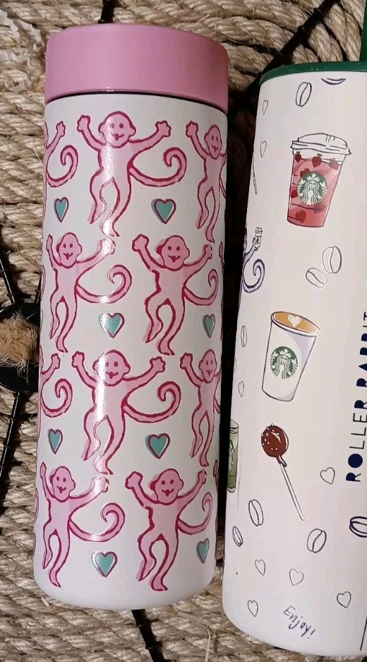 Starbucks X ROLLER RABBIT ~ Pink Green & White Tumbler Dancing Monkey ...