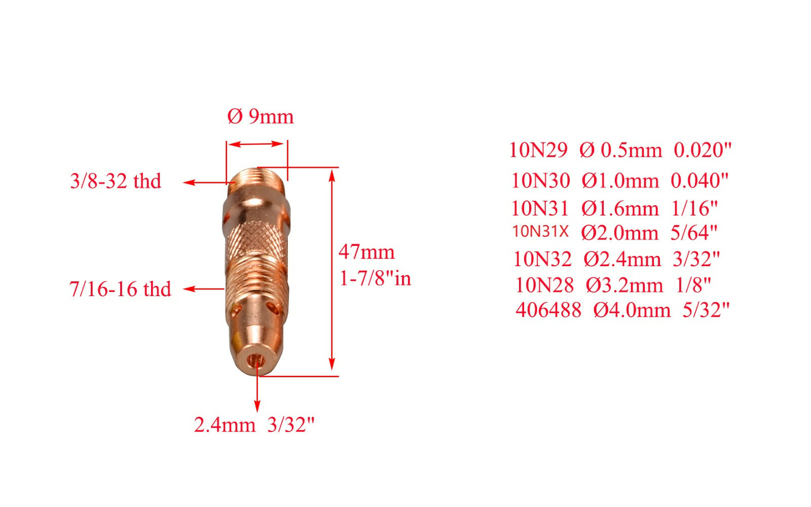 TIG Collet Bodies 2.4mm 10N32 Fit SR DB PTA WP 17 18 26 TIG Welding ...